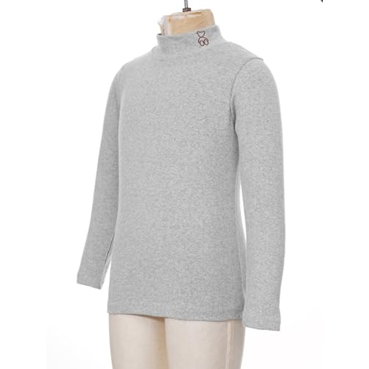 JEATHA Boys Girls Bear Embroidery Mock Neck T-Shirt Long Sleeve Thermal Top Unisex Kids Undershirts Loungewear Gray 9-10 Years