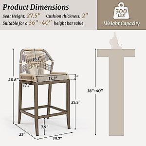 Cozyman Rattan Counter Height Bar Stools Set of 4, 27.5" H Boho Woven Rope Back Outdoor Barstools with Aluminum Legs for Kitchen Patio Garden, Yellowish Slate Grey