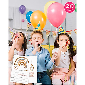 JJOINUS Birthday Party Invitations for Girls Kids, Boho Brown Rainbow Invites With Envelopes, 20 Pieces of Fill-in Blank Invitation Card Kit