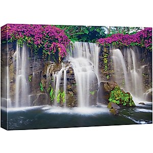wall26 Misty Waterfall Picturesque Flowers - Canvas Art Home Art - 32x48 inches