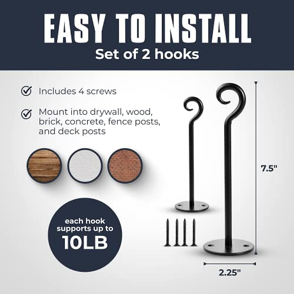 Monarch Abode Wall Mounted Plant Hooks, 7.5" Premium Metal Decorative Hanging Brackets for Indoor & Outdoor Use, Set of 2, Black