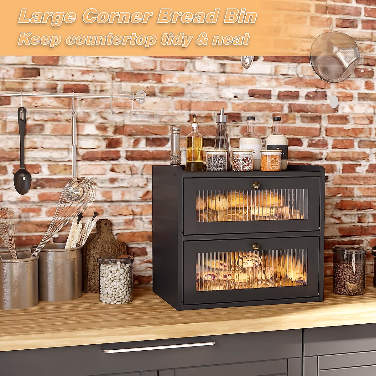 Alpeir Double Layer Large Bread Box for Kitchen Counter, Wooden Corner Bread Storage Container with Acrylic Window, Black