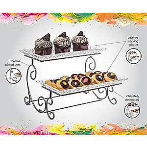 Godinger Silver Art Dublin 2 Tiered Glass Buffet Serving Tray - Chrome Plated Platter Stand with Starburst Design - Party and Event Dessert and Food Display Server