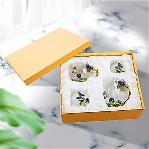 Glass Tea Cup with Lids, 2 Pack Blue Rose Butterfly Lead-Free Handmade Coffee Mug Tea Cup with Flower Spoon, Great for Women Wife Mom Grandma Gifts Girls Friends Birthday Valentine's Day