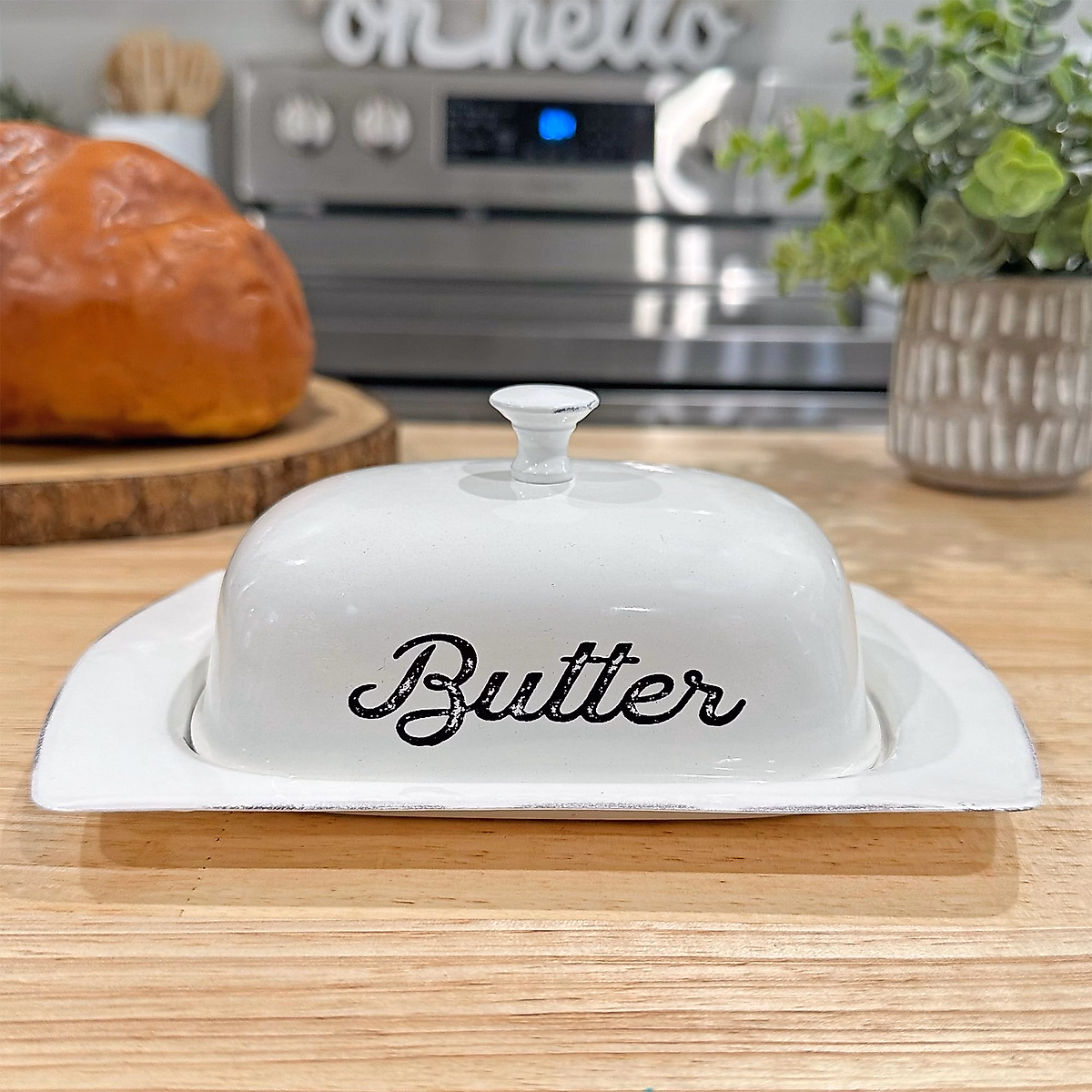 AuldHome Farmhouse White Butter Dish, Vintage Style Enamelware Butter Dish with Cover