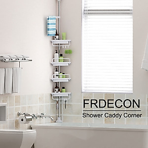 FRDECON Rustproof Shower Caddy Corner for Bathroom, 4-Tier Tension Pole Stainless Steel Shower Organizer, 56 to 115 Inch Adjustable Bathtub Shower Shelf Storage with 1 Tower Bar, White