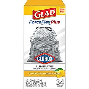 Glad ForceFlexPlus with Clorox Tall Trash Bags, 13 Gal, Lemon Fresh Bleach, 34 Ct, Pack May Vary