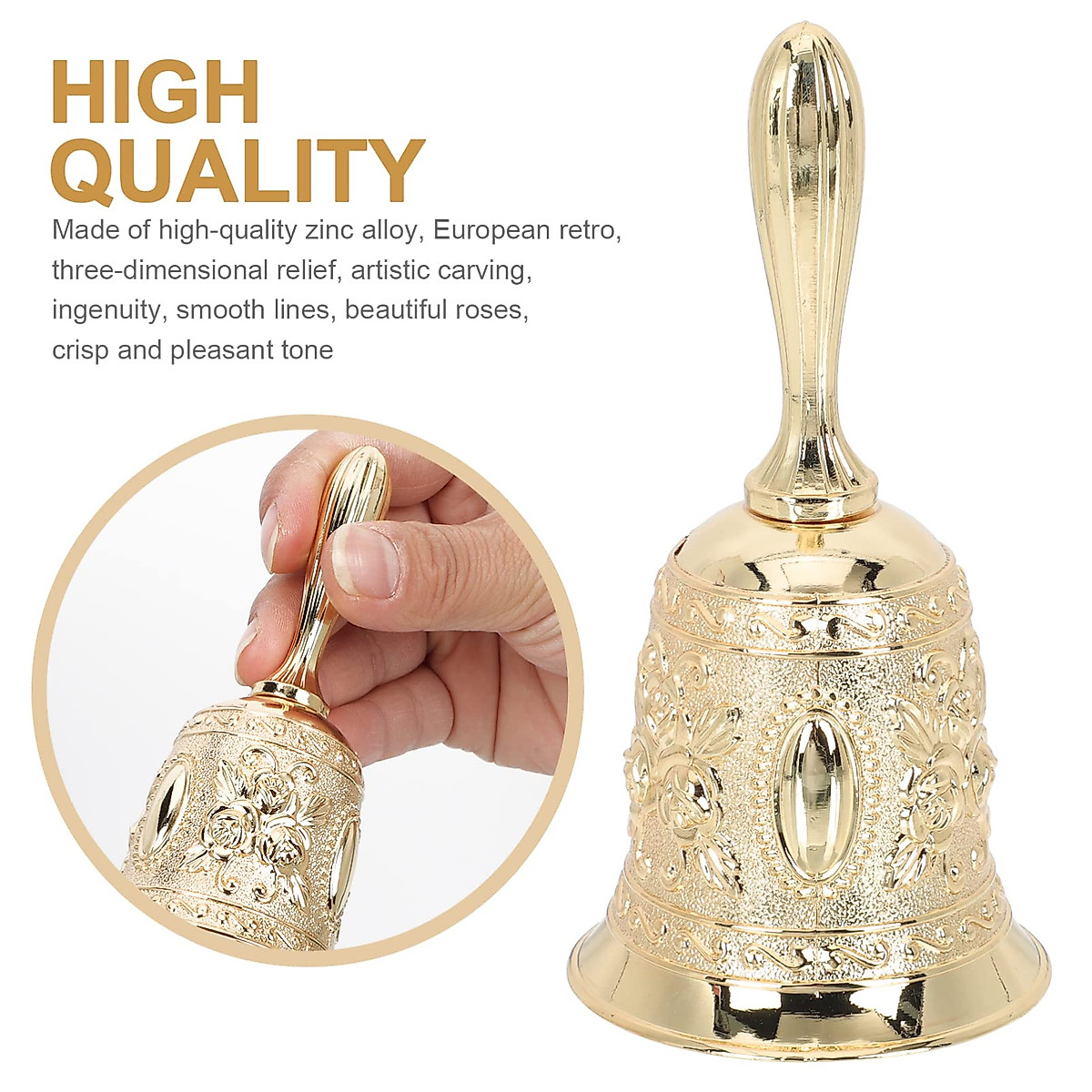 Hand Bell Call Bell Brass Wedding Bell Temple Bell Alarm Bell Decorative Bell Restaurant Decorative Craft for Adults Church Bar Classroom, Golden