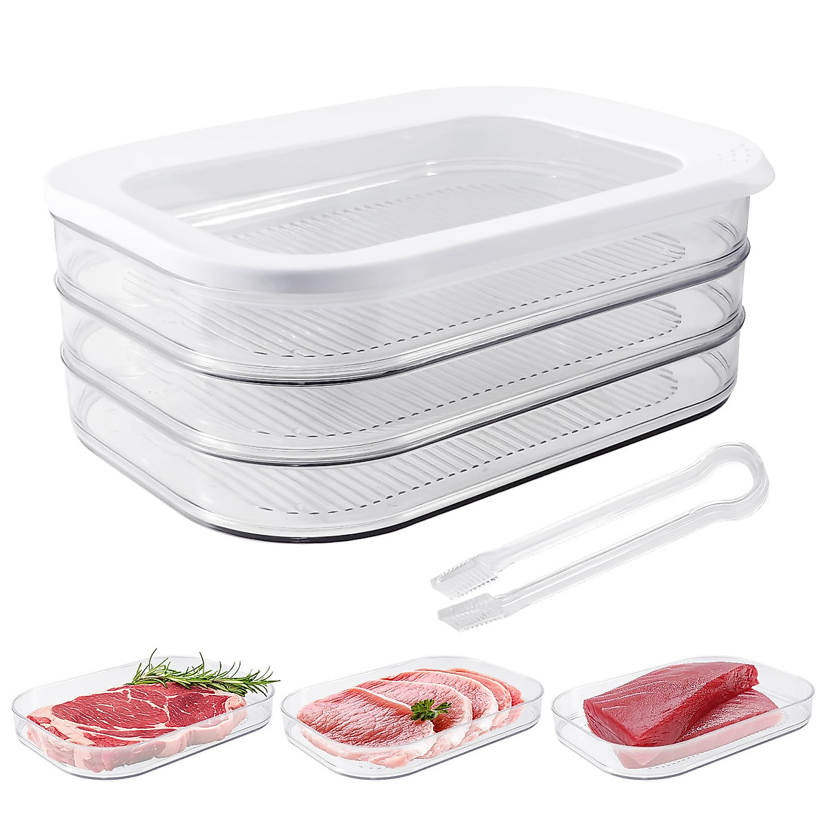 KINGHON Refrigerator Deli Meat Container - Stackable Bacon Holder with Airtight Lid and Serving Tongs - Food Storage Organizer for Cold Cuts, Cheese.