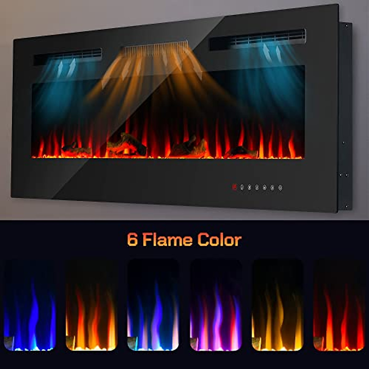 Uthfy 50" Electric Fireplace,1500W Recessed & Wall Mounted Fireplace Heater & Linear Fireplace,6 Flame Colors & 9 Ember Bed Colors,Remote Control,8H Timer,Adjustable Thermostat, Black (HY-HW50)