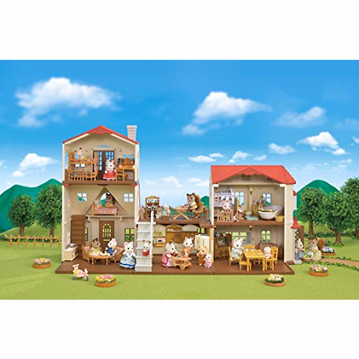 Calico Critters Red Roof Grand Mansion Gift Set, Dollhouse Playset with 3 Figures, Furniture, Vehicle and Accessories