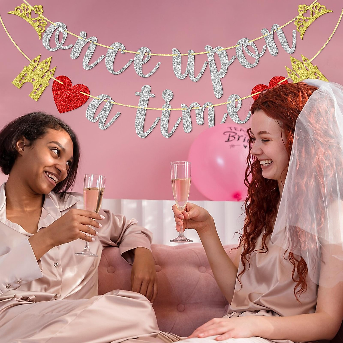 Qttier Once Upon A Time Glitter Banner, Pre-assembled Bridal Shower Banner for Bachelorette, Engagement, Wedding Party Decoration Supplies
