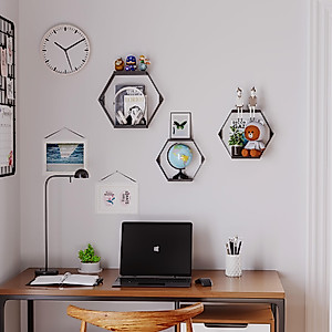 YEMNMFH Hexagon Floating Shelves for Wall Set of 3, Black Metal Wall Decor Honeycomb Shelves, Trinket Shelf, Natural Wood Decorative Floating Shelves for Bedroom, Living Room, Kitchen and Office