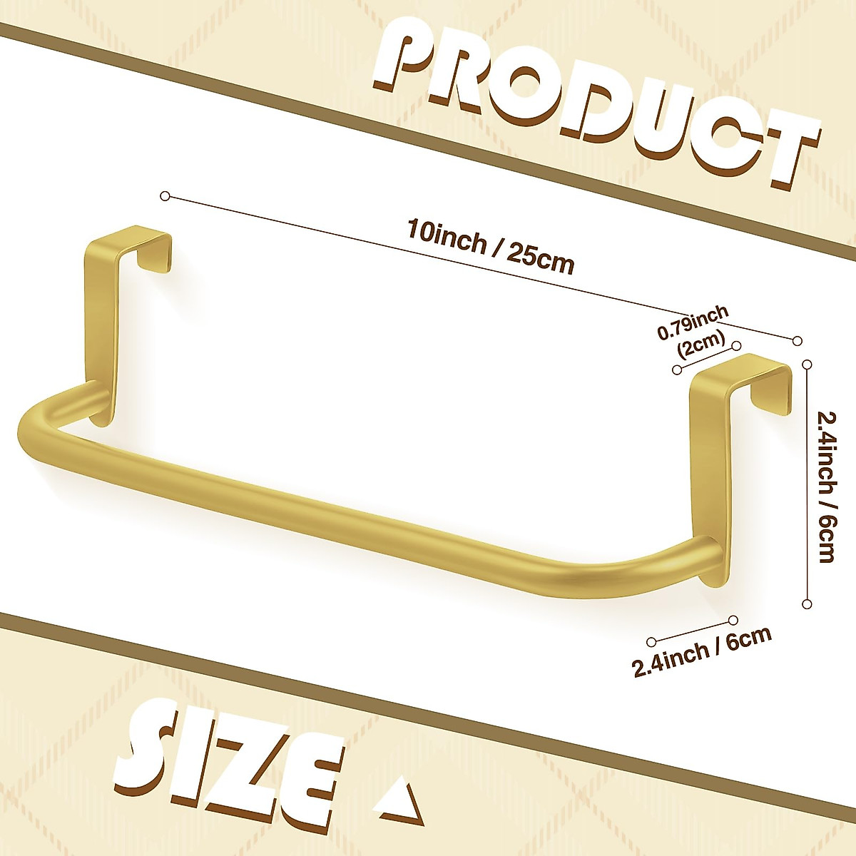 2 Pieces Metal Towel Bar Kitchen Cabinet Towel Rack Strong Steel Towel Bar Rack for Hanging on Inside or Outside of Doors, Home Kitchen Bathroom, Hand Towels, Dish Towels and Tea Towels (Gold)