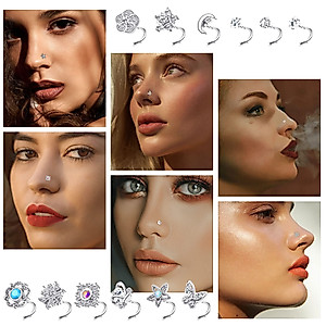 Ubjuliwa 12Pcs 20G Stainless Steel Nose Rings Stud for Women Screw L Shaped Nose Studs Cubic Zirconia Moon Star Snowflake Flower Butterfly Nose Piercing Stud