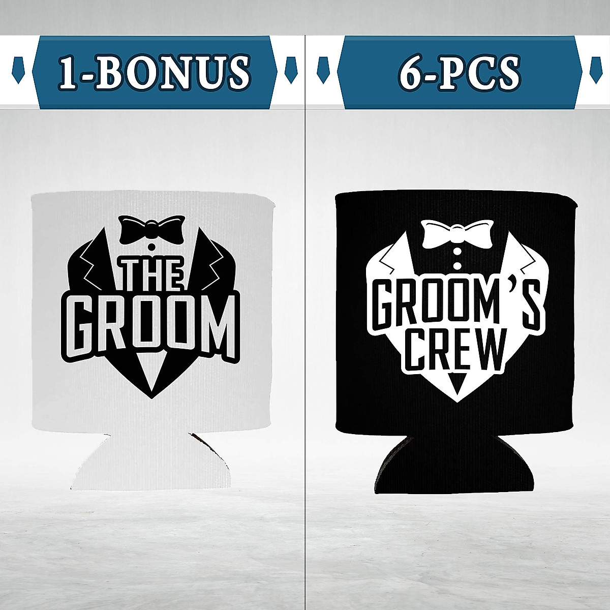 The Groom Tuxedo and Groom’s Crew Tuxedo Wedding Can Sleeve Cooler Insulated Drink Coozies Soda Beer Hugger Coolies (Crew Tux, 7 Pk)