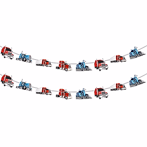 Jollyboom 2Pcs Construction Birthday Banner, Truck Birthday Banner Garland for Boys Girls, Heavy Truck Semi Truck Happy Birthday Banner for Transportation Theme Birthday Party Baby Shower