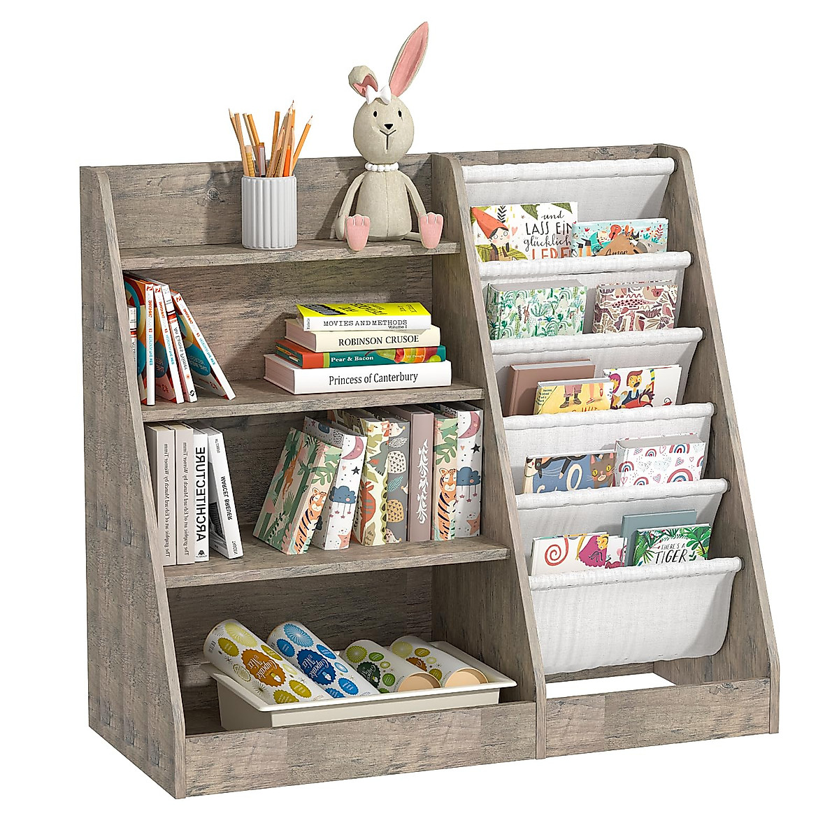 4 Tier Kids Bookshelf Wooden, Five Layer Sling Children Bookcase, Baby Toddler Storage Book Rack, Book and Toy Organizer Cabinet Chest, Book Display Shelf Stand, Playroom Nursery Classroom Library