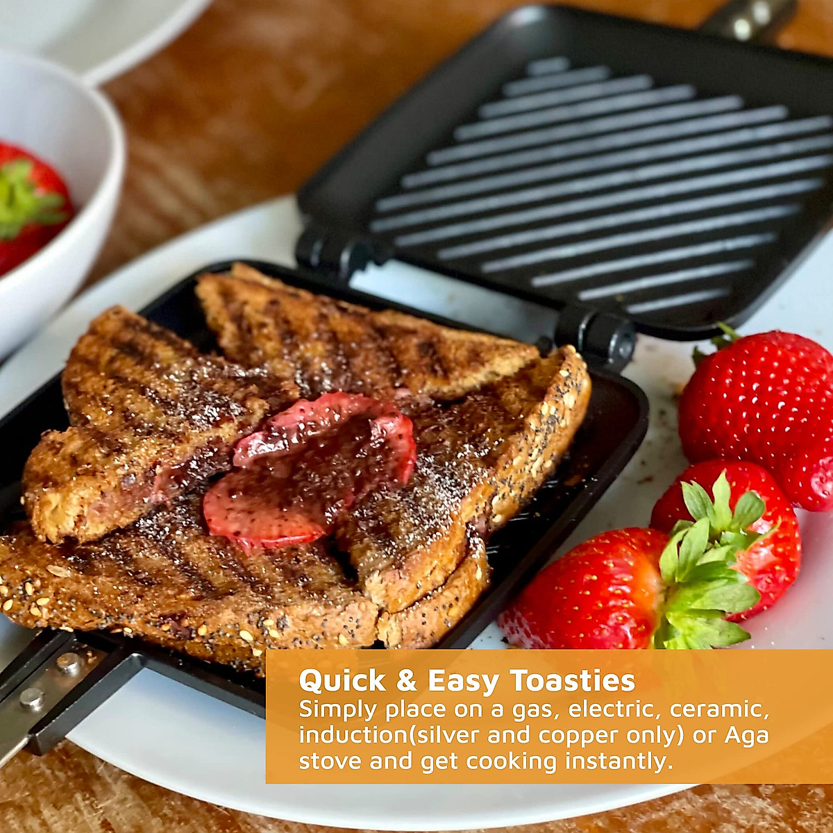 Jean-Patrique Stovetop Toastie Maker – Black Ceramic Toasted Sandwich Maker - Non-Stick Panini Press with Handles - Indoor & Outdoor Panini Grill Press Sandwich Maker – Breakfast Sandwich Maker