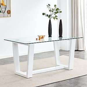 LKTART 63'' Tempered Glass Tabletop Industrial Rectangular Conference Table Dining Table with Black Leg Metal Frame(White)