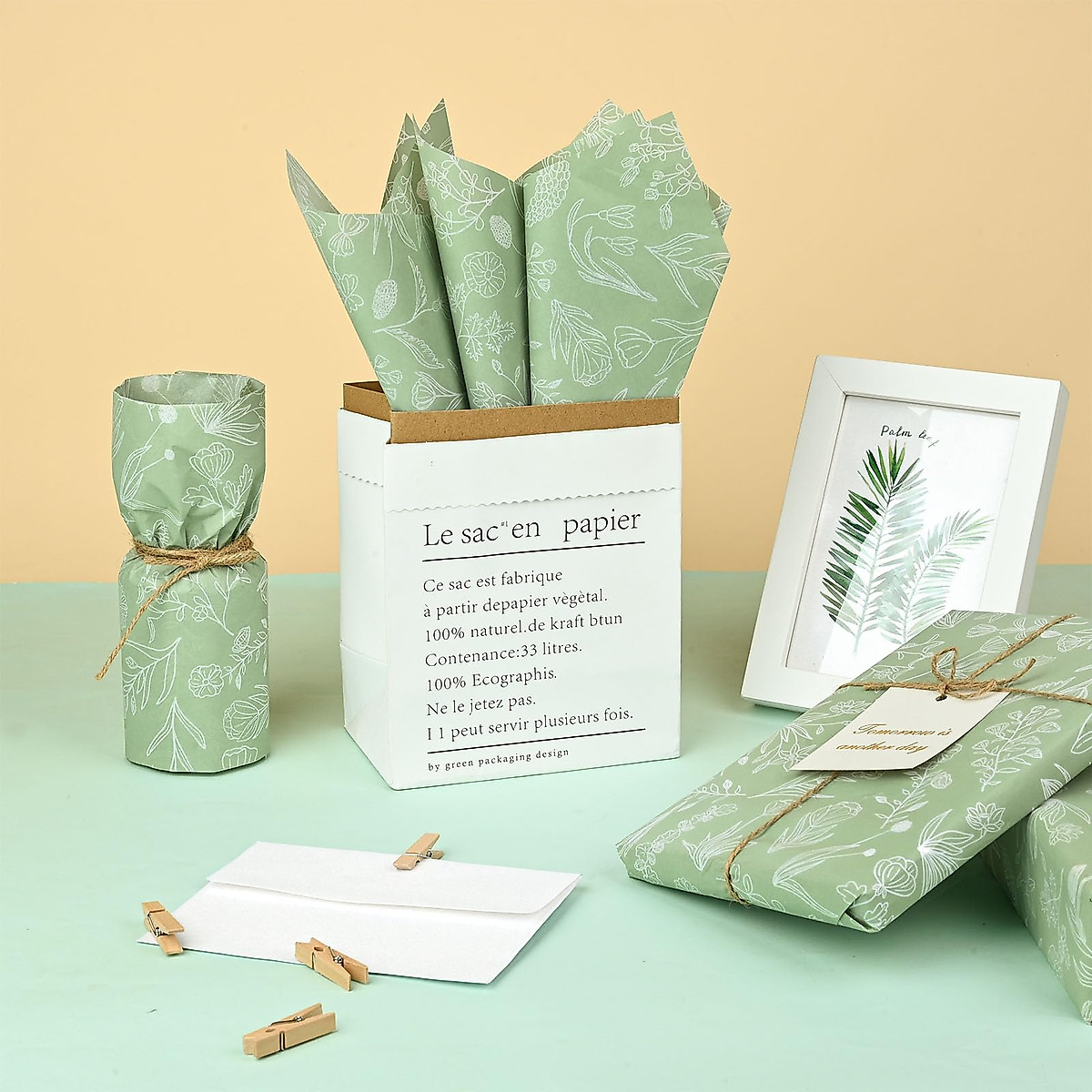 100 Sheets Sage Green Wildflowers Tissue Paper Green White Floral Printed Tissue Paper Botanical Decorative Tissue Paper for Green Boho Themed Baby Shower Wedding Birthday DIY Craft