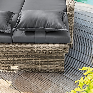 Greemotion Bahia Tobago Patio Poly Rattan Daybed, Steel Frame Loveseat Sofa Storage Ottoman Bench with Teak Retractable Side Tray, 5-Way Adjustable Cushioned Backrest (Brown/Dark Gray)