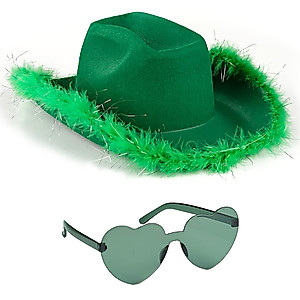Funcredible Green Cowboy Hat and Glasses - Fluffy Cowgirl Hat with Star for Girls - Leprechaun Hat with Feathers - Leprechaun Costume - Halloween Accessories for Women