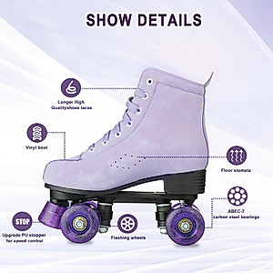 YYW Women Roller Skates High Top Shoes Men Double Row Shiny Roller Derby Skates Four Wheel Unisex PU Classic Skates for Beginner Outdoor (Light Purple Flashing Wheel,US37- Women's 7/Men's 5.5)