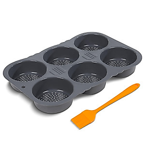 AKS Co Hamburger Bun Pan, Non-Stick Silicone - Oven-Safe, Vented 6-Cavity Baking Mold, Dishwasher Safe with Basting Brush