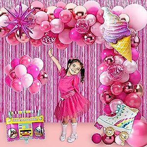 Pink Balloon Garland Arch Kit Hot Pink Rose Gold Metallic Balloons Silver Disco Roller Skate Radio Ice Cream Balloon for Girl's Birthday Party Decorations Pink Princess Doll Theme Party Supplies