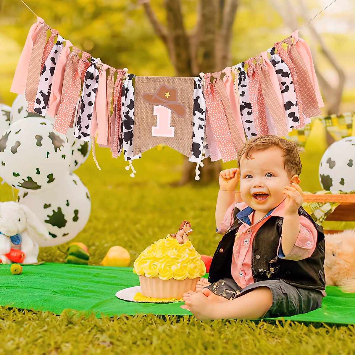 1st Birthday High Chair Banner - Cow Girl Rodeo for Party Fabric Decor,Cake Smash Baby Shower,Backdrop Garland for photo props