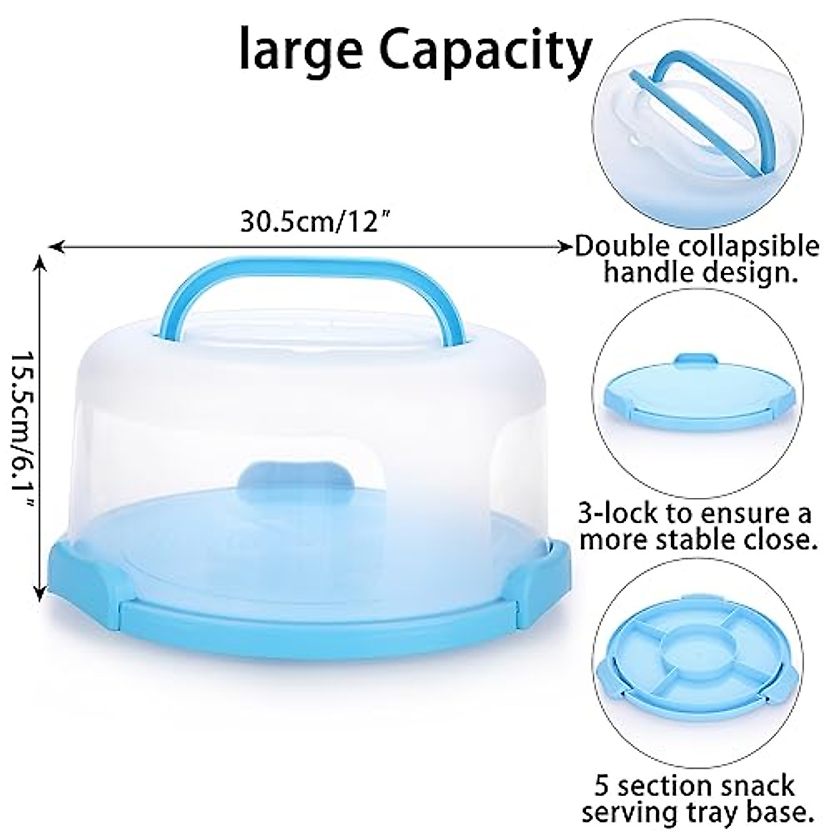 BSTKEY Portable Cake Carrier with Lid and Handle, Cake Turntable + Cupcake Storage Tray for Transport, 10" Round Cake Container Holder with Two Sided Base for Pies Nuts Fruit Cookies, Blue