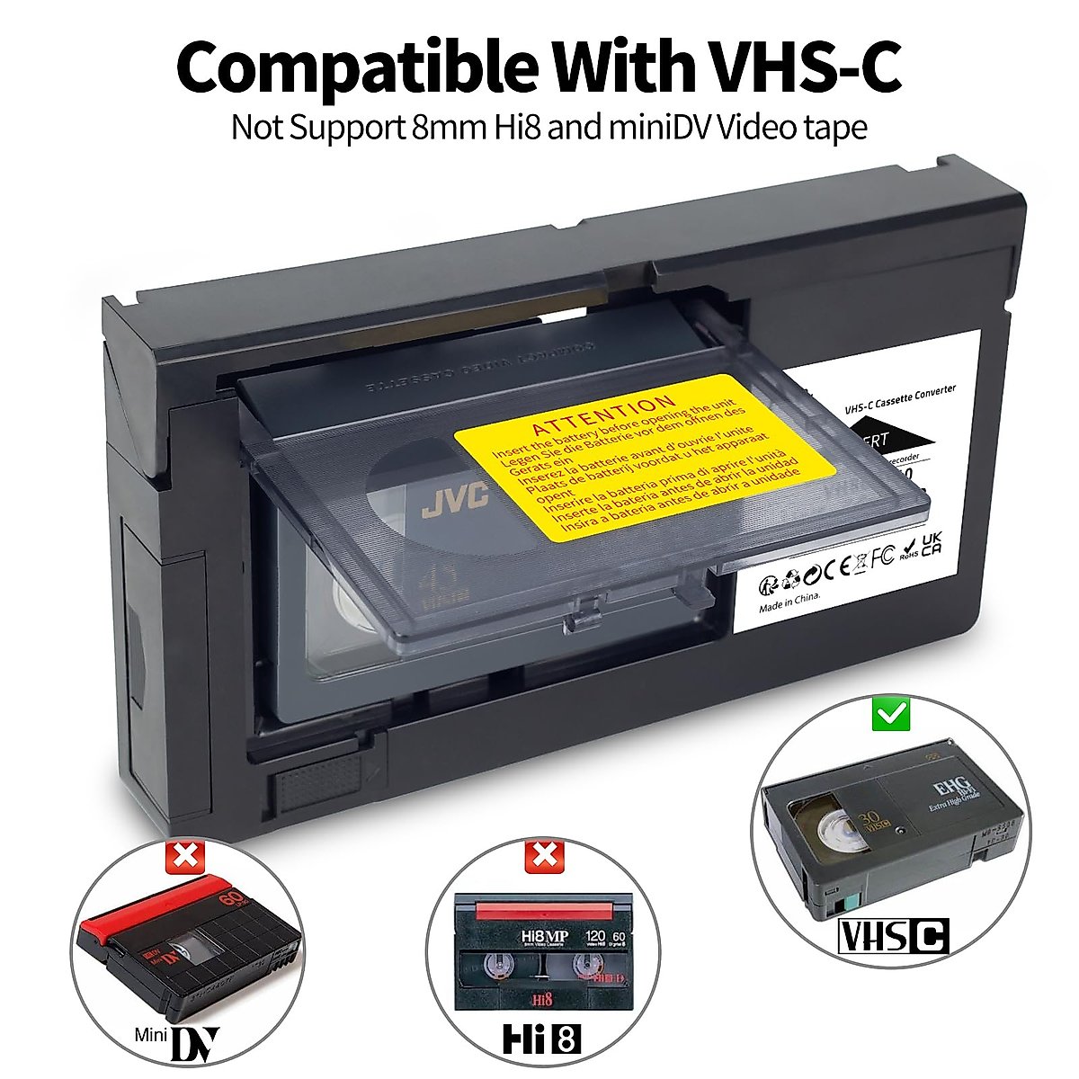 VHS-C Cassette Adapter Compatible with VHS-C SVHS Camcorders JVC RCA Panasonic Motorized VHS Cassette Converter （NOT Compatible with 8mm / MiniDV / Hi8）