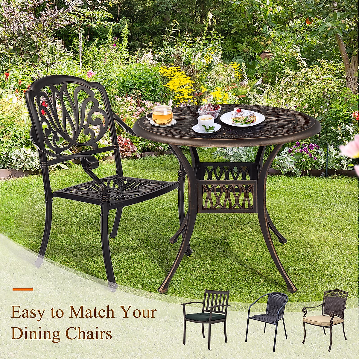 VINGLI Patio Dining Table, Patio Table with Umbrella Hole Outdoor Dining Table, Cast Aluminum Outdoor Bistro Table Outdoor Furniture Garden Table (35.4”Diax29.5”H)