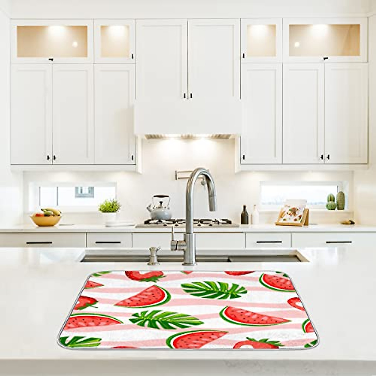 Watermelon Pink Stripes Kitchen Drying Mat 18 x 24 Inch - Reversible Super Absorbent Fiber Dish Drying Pad with Non-Slip Backing for Countertop Tea Coffee Bar Accessories