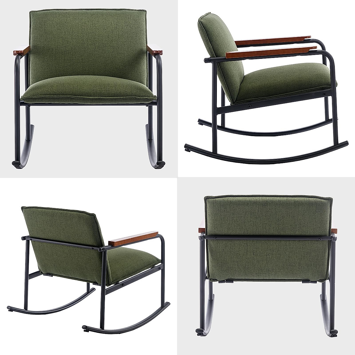 DUOMAY Modern Accent Rocking Chair, Mid Century Upholstered Glider Rocker Armchair with Metal Base Linen Fabric Nursery Glider Chair with Wooden Grips for Living Room Bedroom, Green