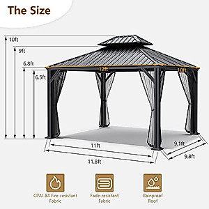 Tangkula 12ft x 10ft Hardtop Gazebo, 2-Tier Outdoor Gazebo w/Double Vented Roof & Central Hook, Galvanized Steel Frame Patio Sun Shelter for Lawn Backyard Poolside Deck (Grey)