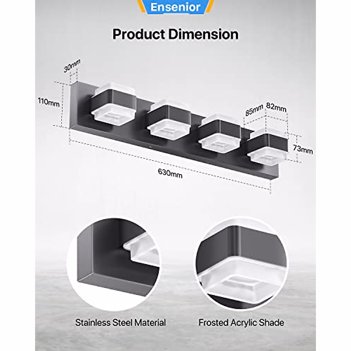 Ensenior Bathroom Light Fixtures, Dimmable LED Vanity Lights Over Mirror, CRI 90, 5000K Daylight, Acrylic Stainless Steel, 4 Lights for Modern Vanity Lighting Fixture, 29W 2230LM - Black