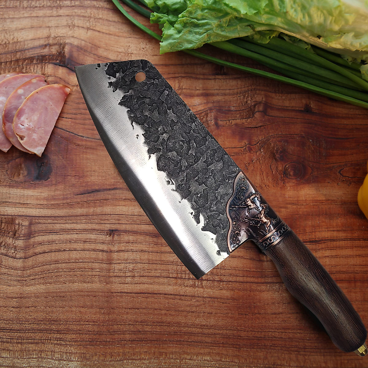 KTCHN Meat Cleaver v1.0-7-Inch Carbon Steel Hand-Forged Blade - Ergonomic Wood Handle - Unique Professional Butcher Knife Design - Chop Meat and Bones with Ease