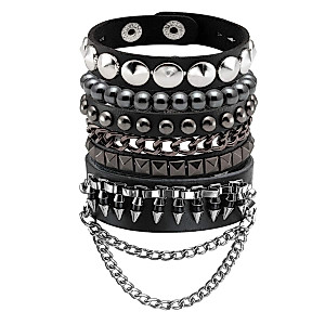 Eigso Punk Leather Cuff Bracelets for Men Women 80s Retro Hematite Rock Spikes Metal Cuff Wristband Set Adjustable for Man Woman