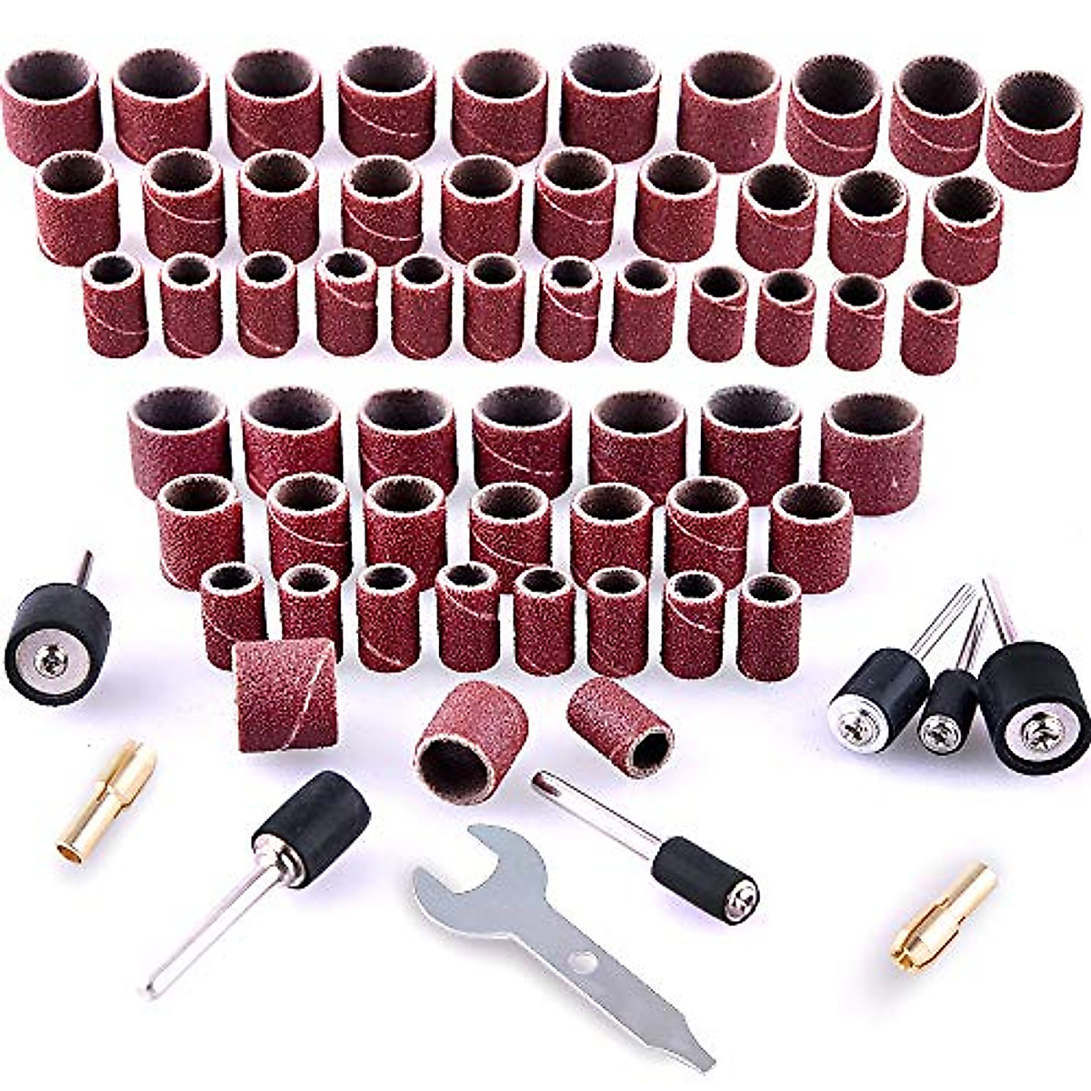 AUSTOR 531 Pcs Sanding Drum Set，504 Pcs Drum Sander Sleeves 80 120 150 240 320 400 600 Grit 24 Pcs Drum Mandrels 2 Pcs Self-Tightening Drill Chuck and 1 Pc Combination Wrench for Dremel Rotary Tool