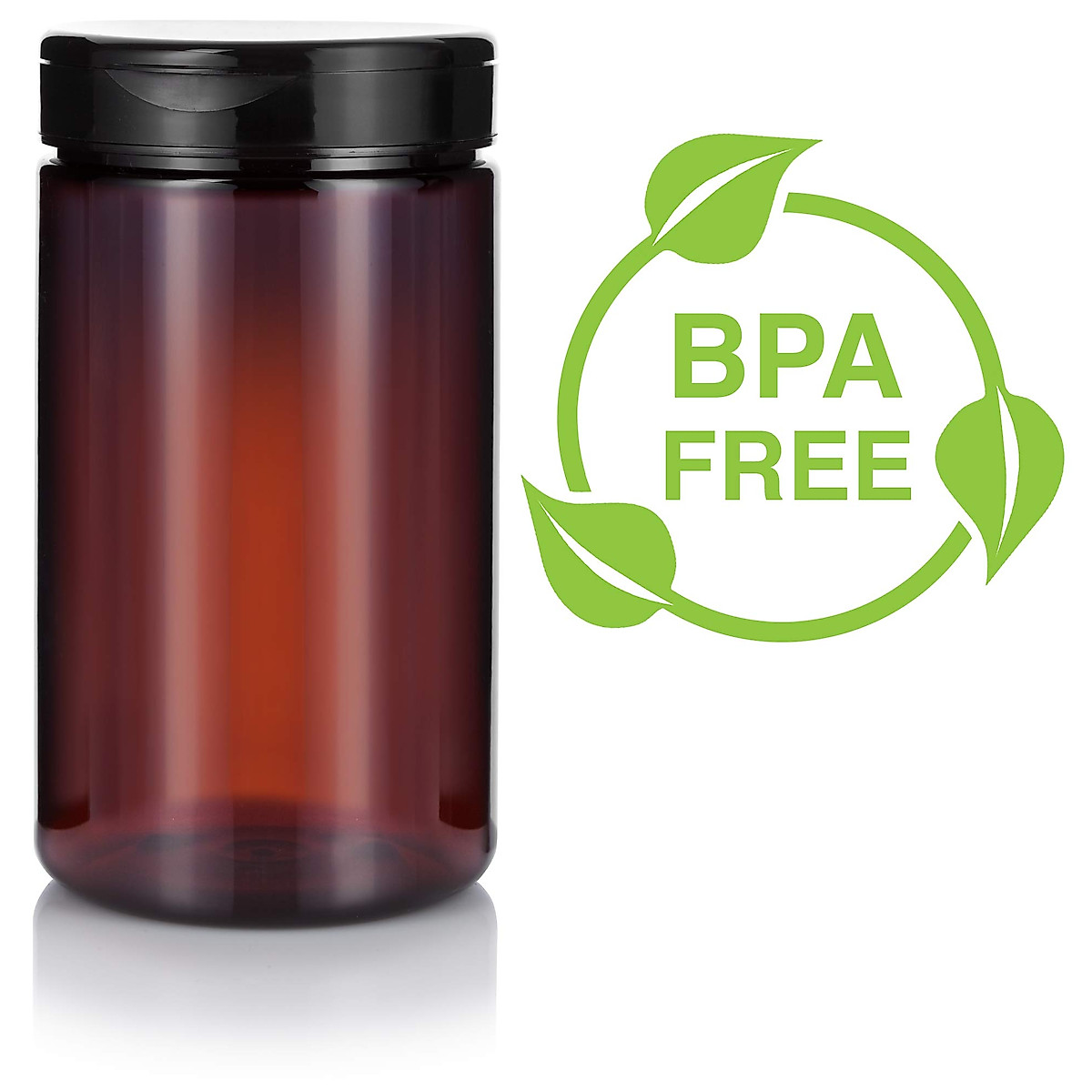 JUVITUS Amber Large 32 oz PET Plastic (BPA Free) Refillable Jar with Black Flip Top Cap - (3 pack)