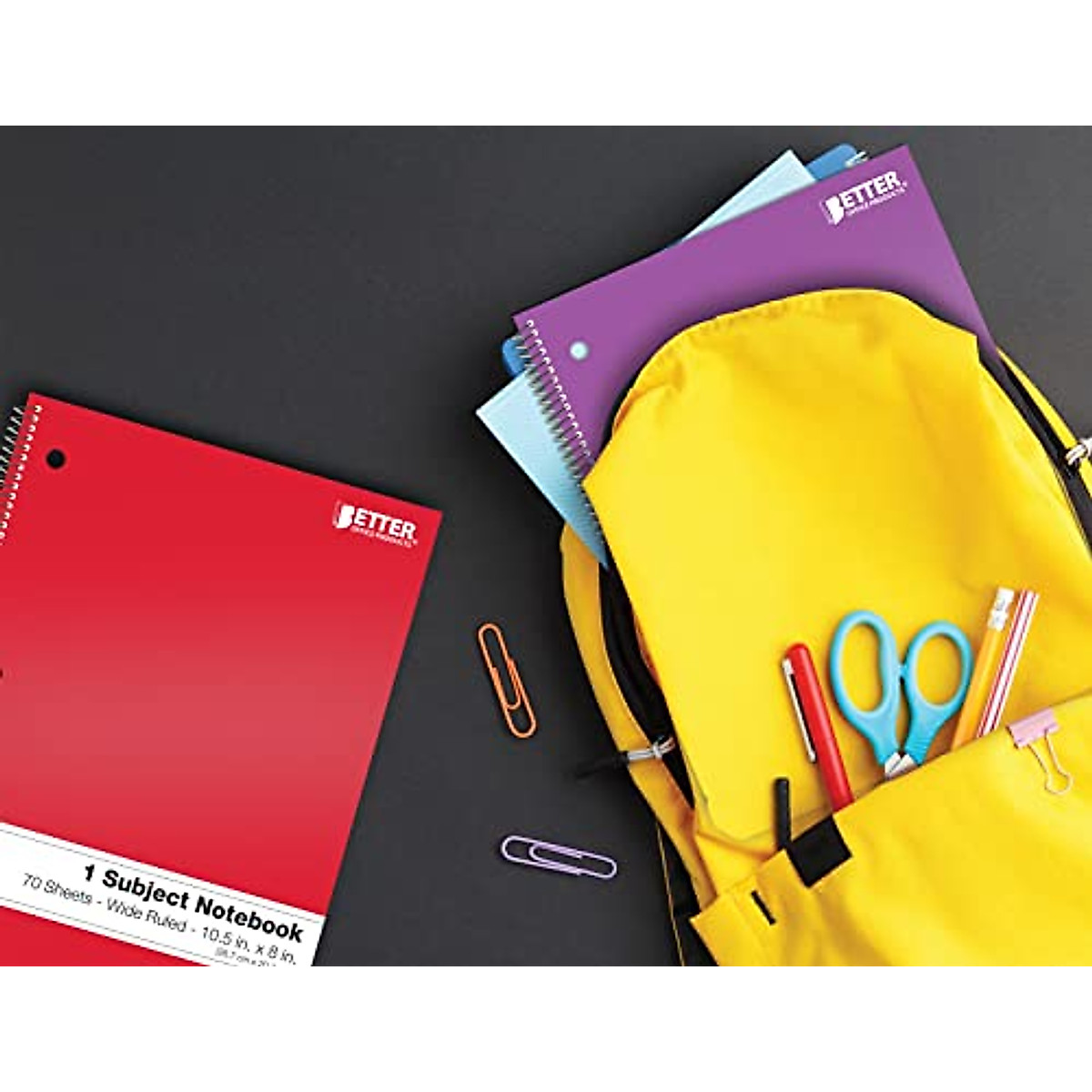 Better Office Products Spiral Notebooks 1-Subject, 24 Pack, Wide Rule, 70 Sheet, 8 x 10.5 inches, 6 Assorted Primary Colors, 24 Pack