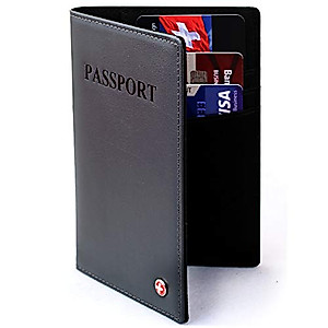 Sotania - Swiss Leather Passport and Credit Card Holder Case RFID Blocking Cover Travel Document Organizer Wallet Gift for Men, Women (Grey)