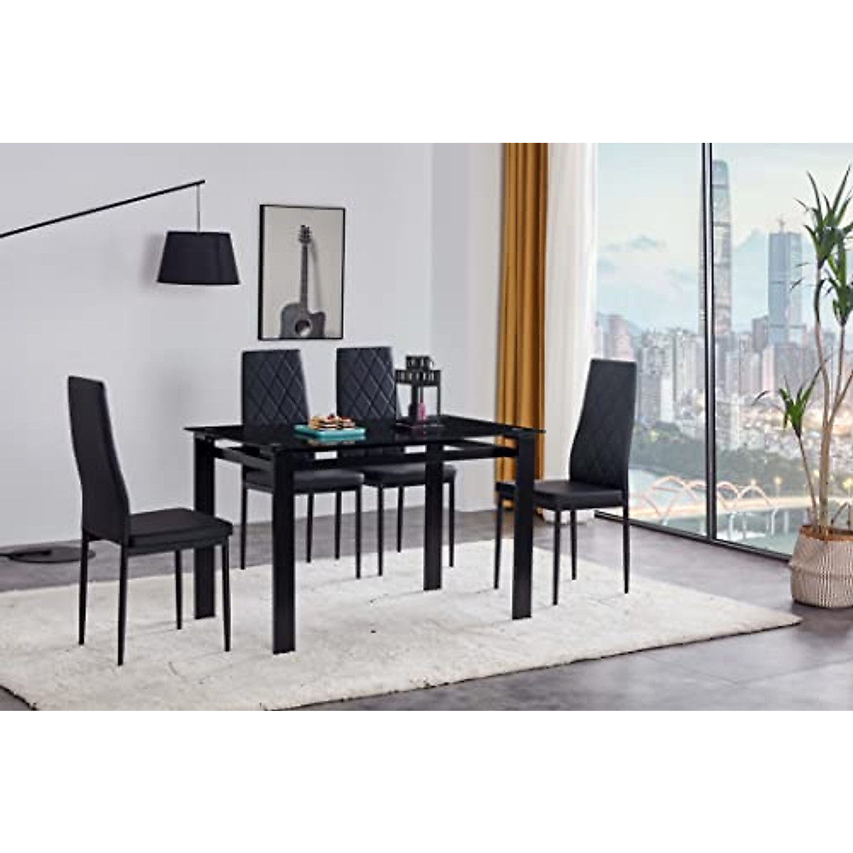 IANIYA 5-Piece Tempered Glass Dining Table Set for Kitchen Room in Transparent Table and Black Chairs (2023 New Black Set 5)