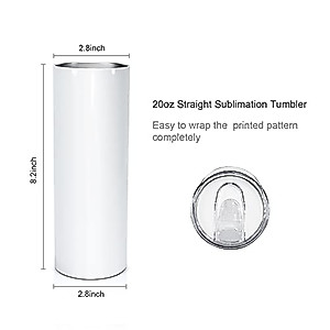 AGH 2 Pack Sublimation Tumbler Blank 20 OZ Straight Skinny Tumbler with Straw, Stainless Steel Double Wall Insulated Tumbler for Tumbler Press Machine
