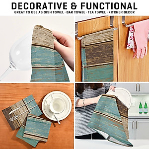 Teal Green Brown Wood Texture Kitchen Towel, Dish Towels Quick Drying Tea Towels Absorbent Hand Towels for Kitchen Sink Dinner Table 28 x 18 Inches, Set of 4