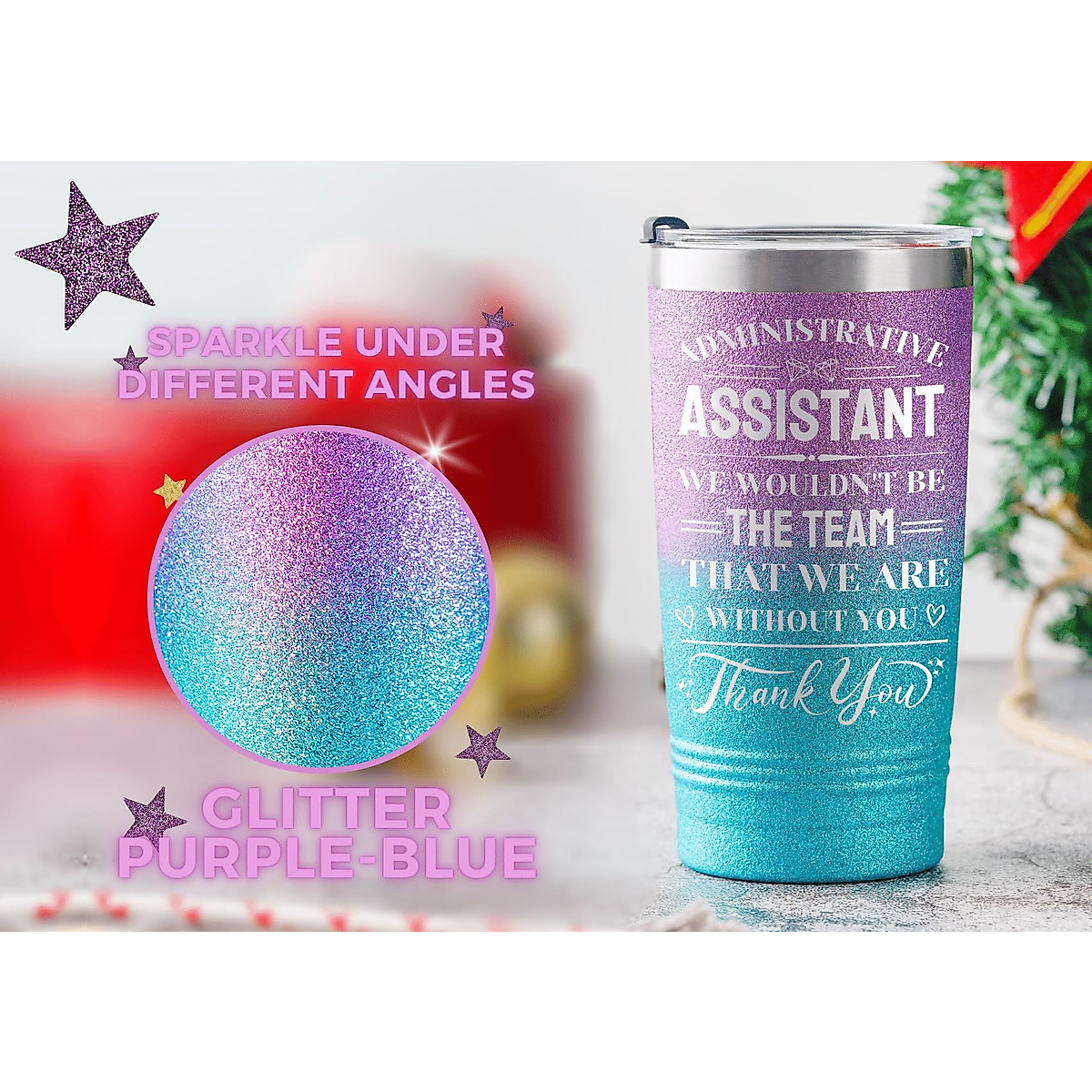 Onebttl Administrative Professional Day Gifts for Administrative Assistant, Secretary, 20 oz Stainless Steel Tumbler for Women - Thank You - Blue Purple Gradient Glitter