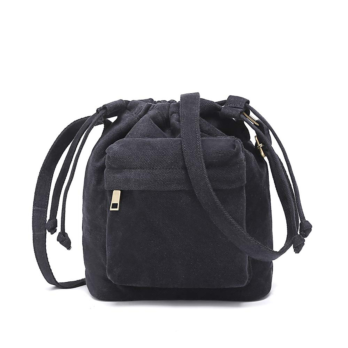 Women Small Canvas Purse Crossbody Bag Ladies Cute Little Drawstring Bucket Boho Purses, Black