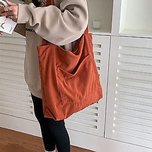 ALUWU Corduroy Tote Bag for Women Corduroy Purse with Front Pocket and Zipper Shoulder Hobo Handbags Simple Canvas Purse, Brown